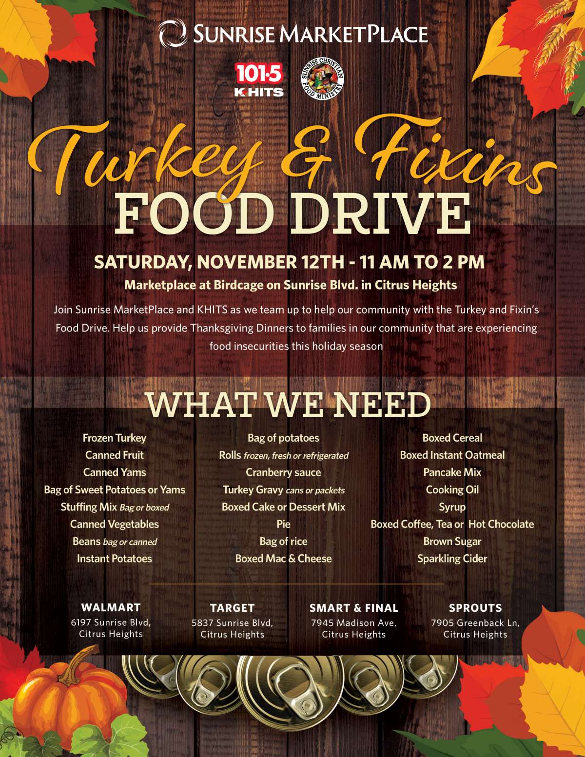 Turkey and Fixins Food Drive - Sunrise MarketPlace - Citrus Heights